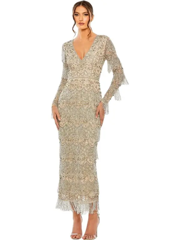 Mac Duggal Beaded Fringe Embellished Sheath Dress - Nude Silver