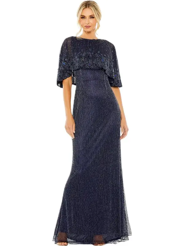 Mac Duggal Sequin-embellished High Neck Gown With Cape Sleeves - Midnight