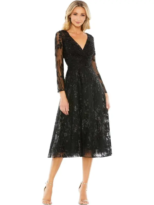 Mac Duggal Embellished Floral Long Sleeve Dress - Black