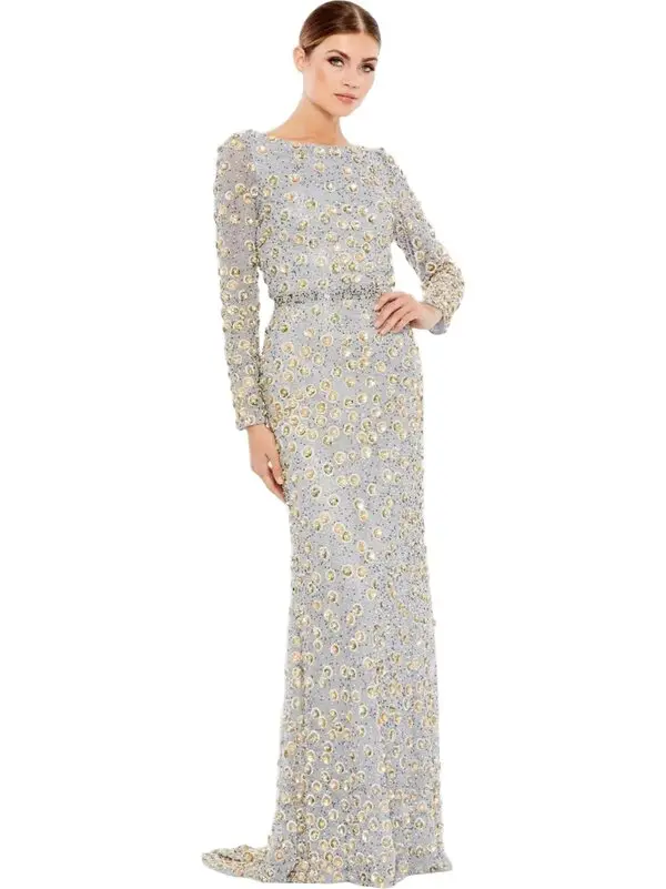Mac Duggal Embellished Long Sleeve Gown - Platinum Gold