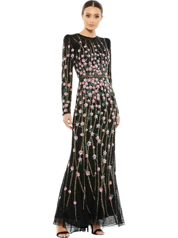 Mac Duggal Embellished High Neck Long Sleeve Gown - Black Multi