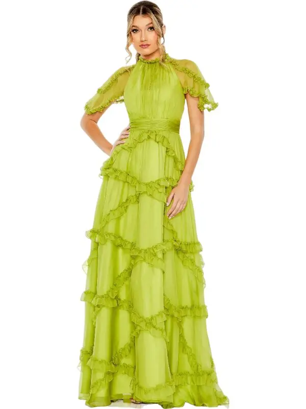 Mac Duggal Chiffon Flutter Sleeve Gown - Apple Green
