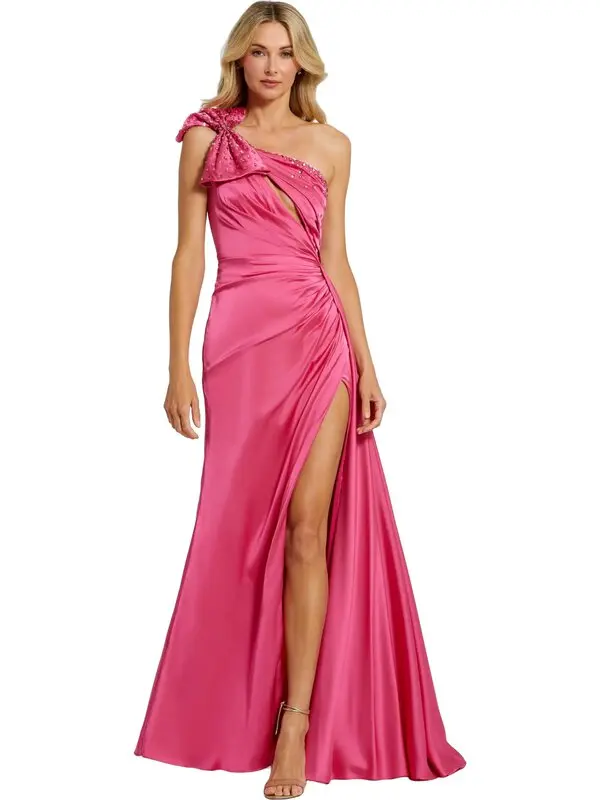 Mac Duggal One Shoulder Satin Gown With Bow Detail - Rose