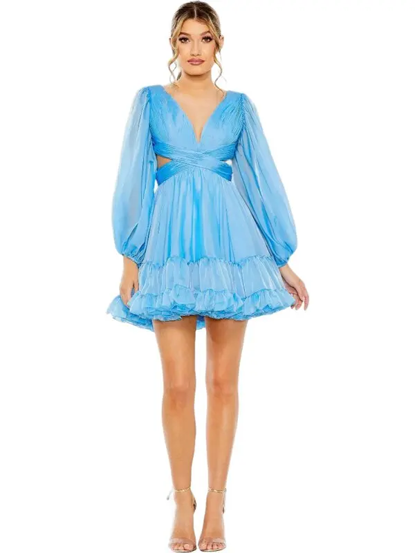 Mac Duggal Chiffon Cut Out Long Sleeve Mini Dress - Blue