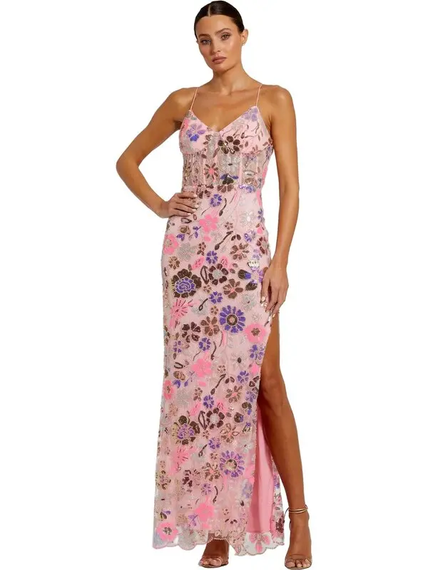 Mac Duggal Bustier Applique Gown With Slit - Pink Multi