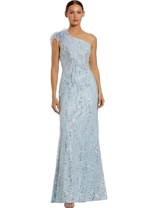 Mac Duggal Embellished One-shoulder Feathered Gown - Powder Blue