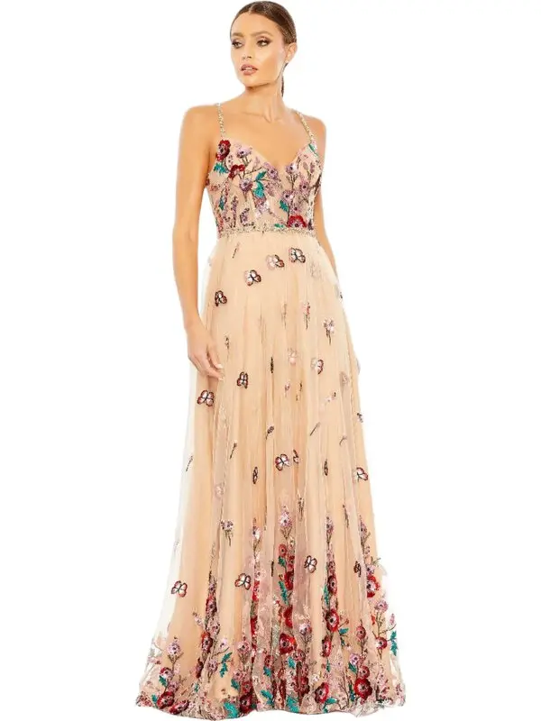 Mac Duggal Embellished Floral A-line Gown - Nude Multi