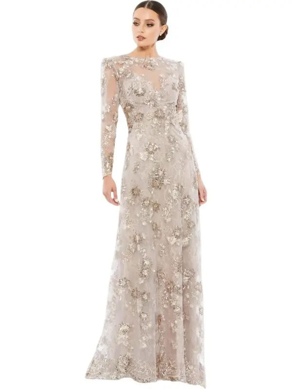 Mac Duggal Floral Embroidered Illusion Long Sleeve Gown - Mocha
