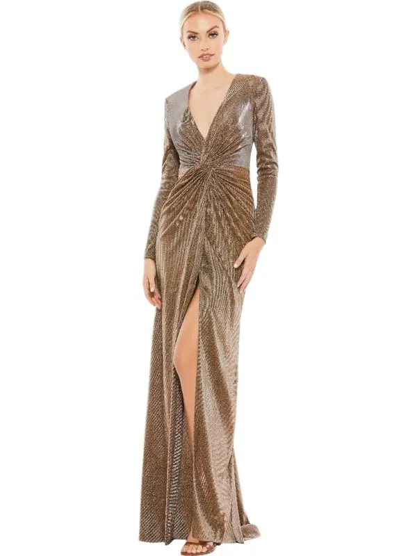 Mac Duggal Metallic Long Sleeve Front Twist Gown - Bronze