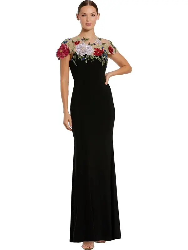 Mac Duggal Floral Embellished Jersey Column Gown - Black Multi