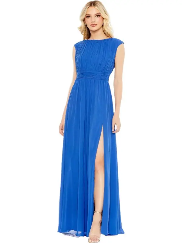 Mac Duggal Pleated Bateau Cap Sleeve A-line Gown - Cobalt