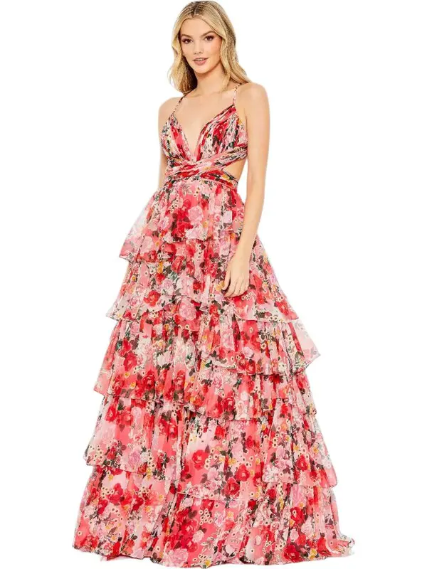 Mac Duggal Pleated Chiffon Cut Out Ball Gown - Pink Multi