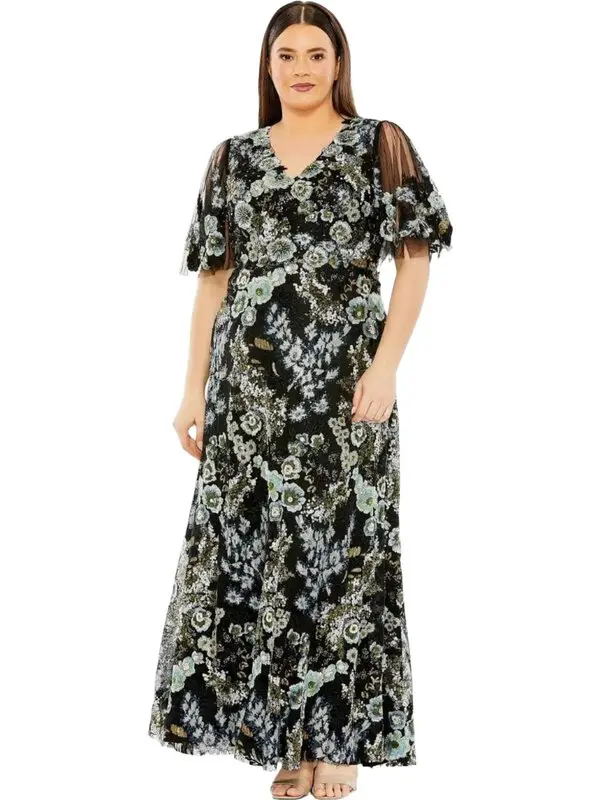 Mac Duggal Sheer Sleeve V-neck Floral Embroidered Gown - Black Multi