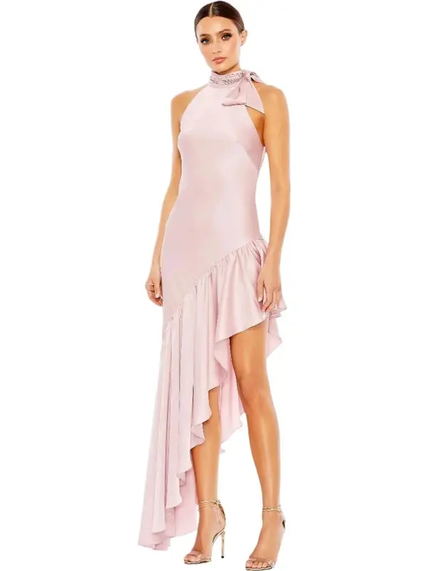 Mac Duggal Halter Neck Ruffled Asymmetrical Dress - Rose