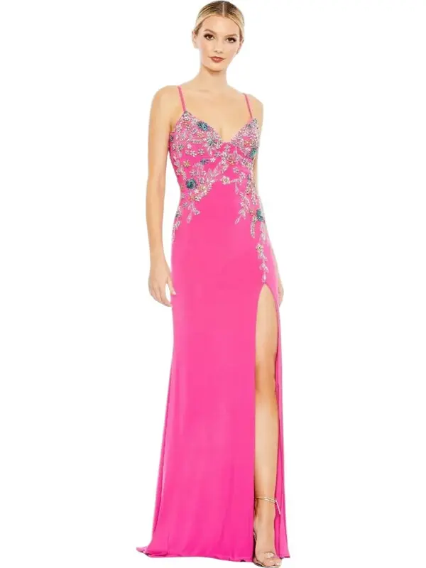 Mac Duggal Beaded Floral Cami Gown - Candy Pink