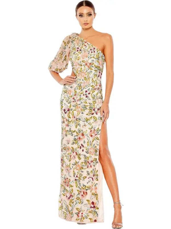 Mac Duggal Floral Embellished One-shoulder Gown - Nude Multi