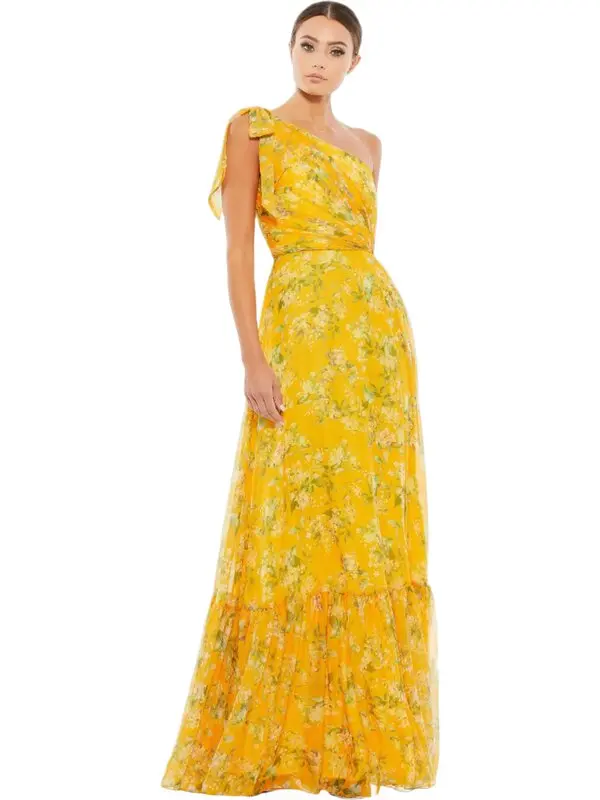 Mac Duggal Floral One-shoulder Maxi Dress With Bow Detail - Yellow Multi
