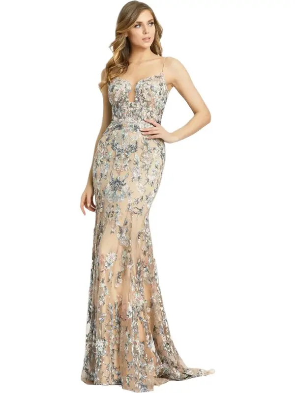 Mac Duggal Embroidered Spaghetti Strap Trumpet Gown - Nude Multi