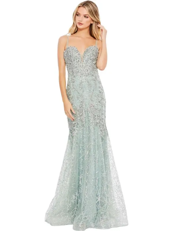 Mac Duggal Embellished Plunge Neck Trumpet Gown - Mint