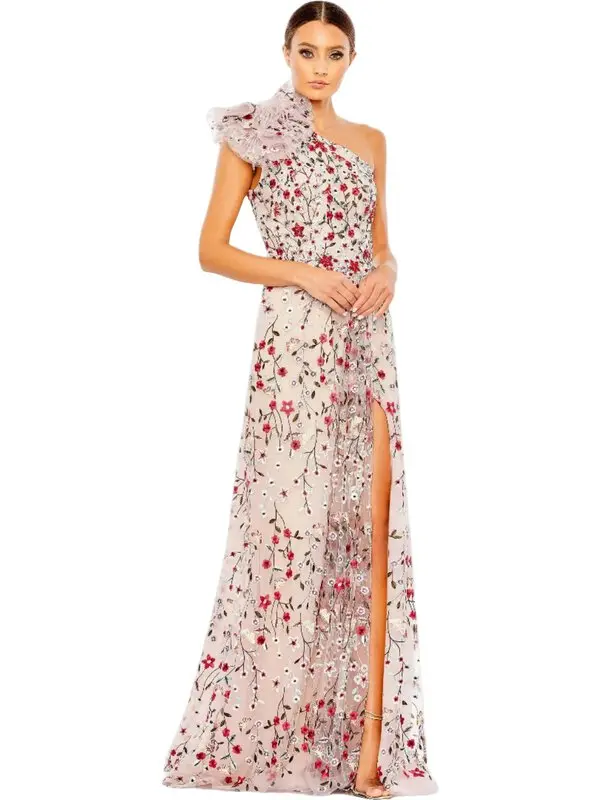 Mac Duggal Embellished One-shoulder Floral Gown - Rose Multi