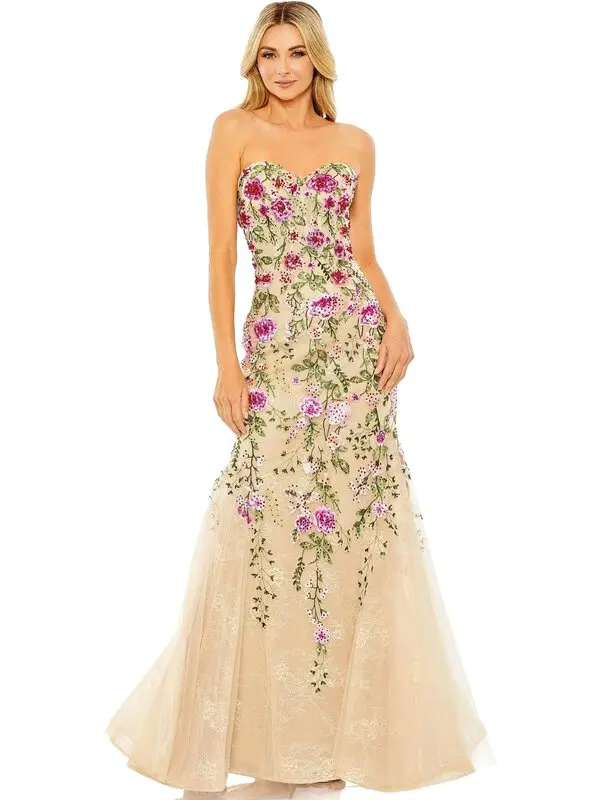 Mac Duggal Strapless Bustier Floral Embroidered Mermaid Gown - Pink Multi