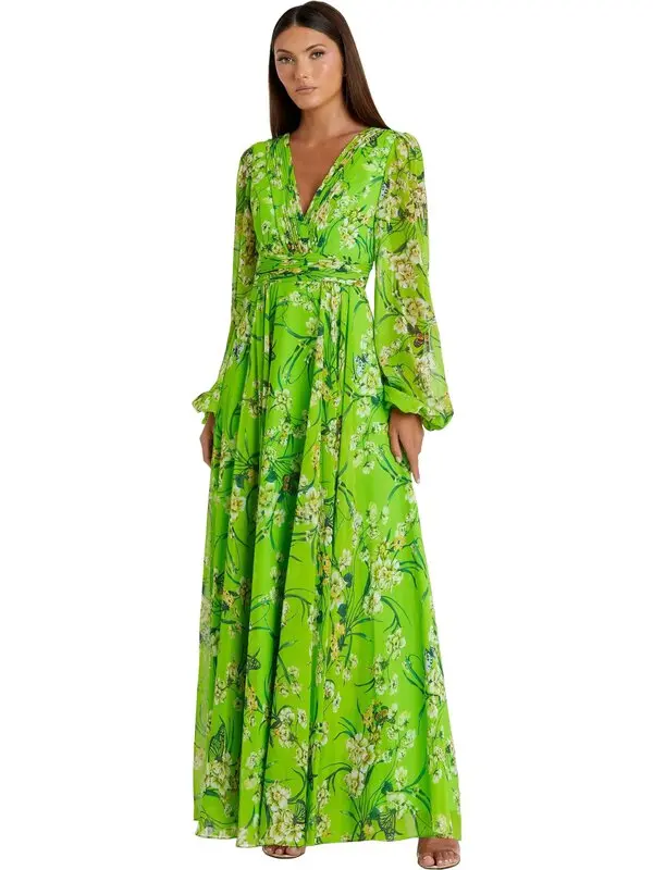 Mac Duggal Floral Chiffon Gown With Puff Sleeves - Green Multi