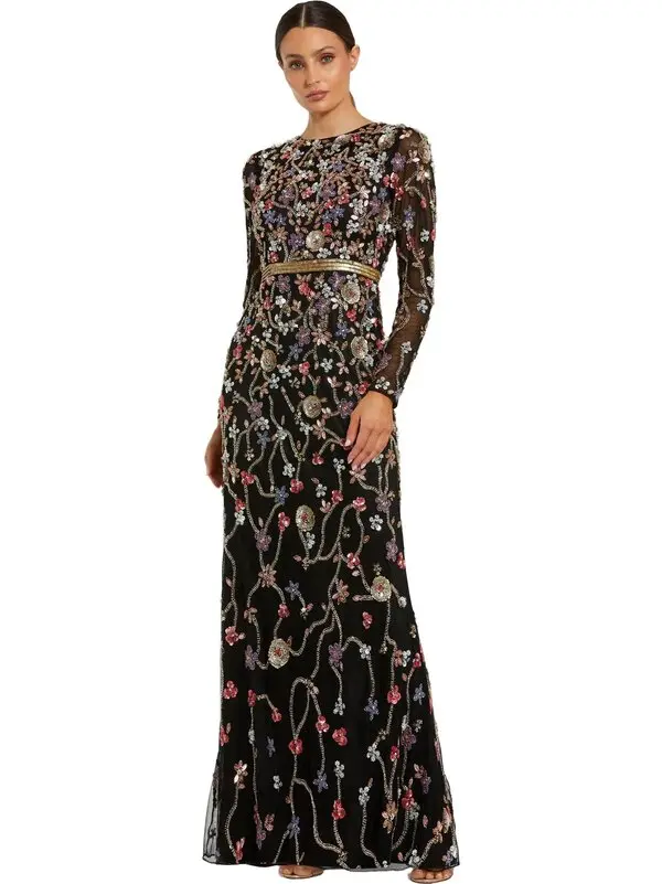 Mac Duggal Embellished Mesh Long Sleeve Gown - Black Multi