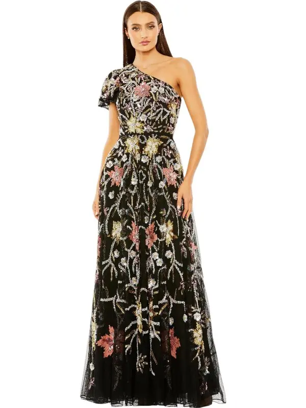 Mac Duggal One-shoulder Beaded Floral Gown - Black Multi