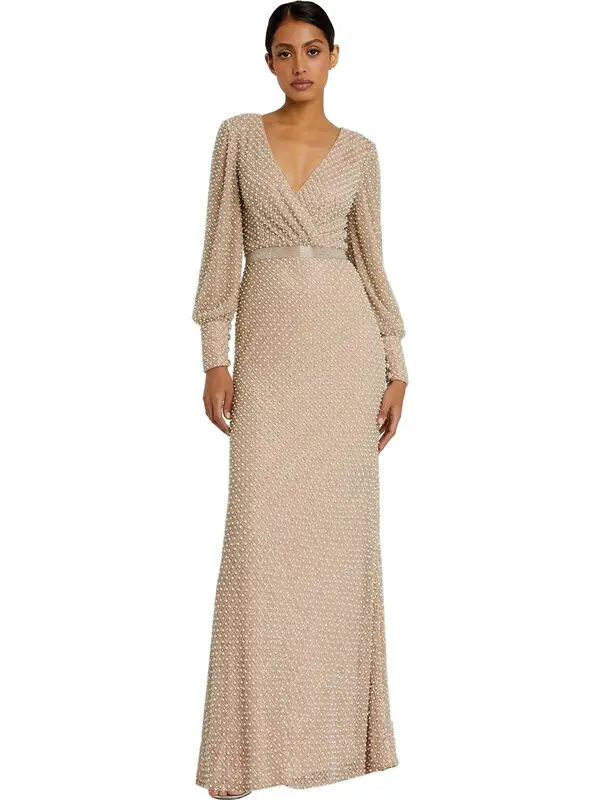 Mac Duggal Wrap Over Gown With Pearl Beading - Ivory Nude