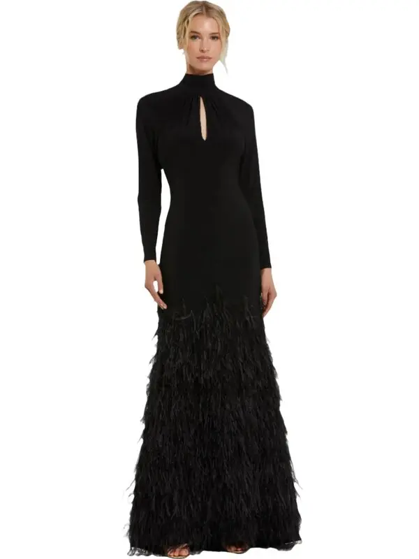 Mac Duggal Jersey Feather Gown - Black