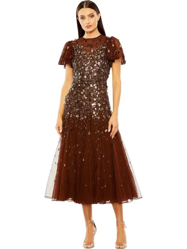 Mac Duggal High Neck Beaded Tea-length Dress - Espresso