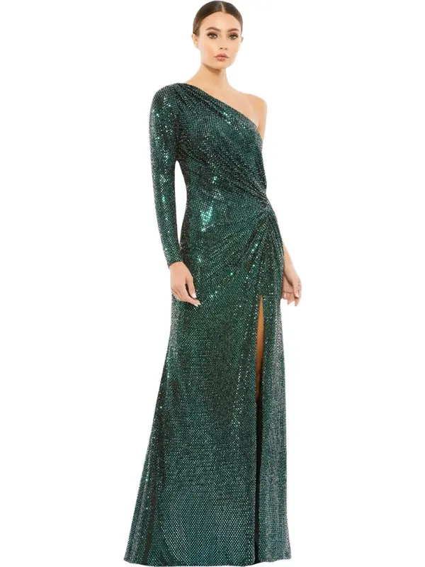 Mac Duggal Sequin One-shoulder Gown - Bottle Green