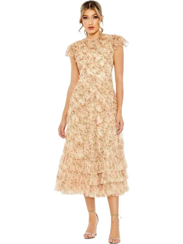 Mac Duggal Floral-printed Mesh Overlay Ruffle Tiered A-line Midi Dress - Beige Multi