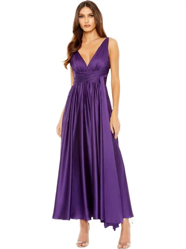 Mac Duggal Satin Pleated Tea Length Dress - Purple