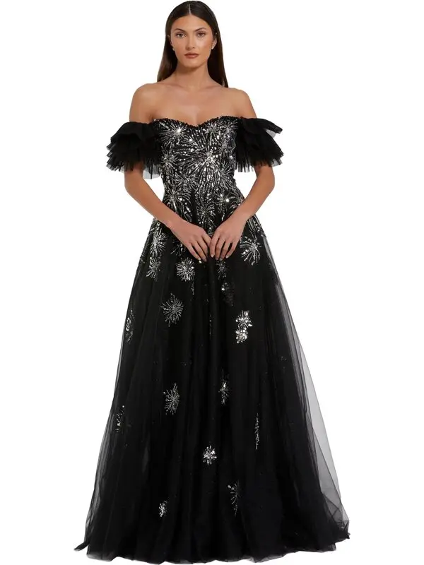 Mac Duggal Tulle Off-the-shoulder Gown With Sequin Details - Black