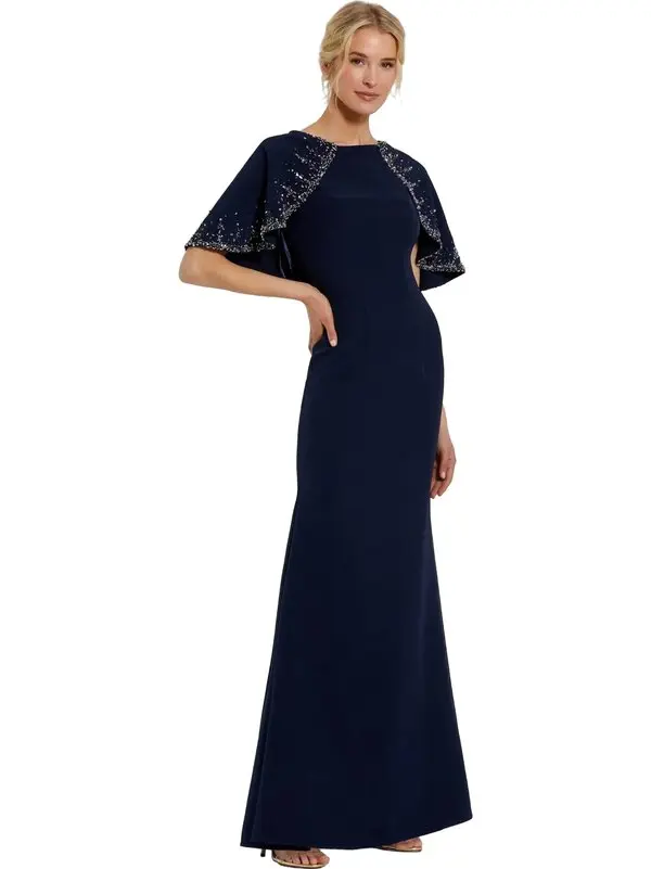 Mac Duggal Fitted Gown With Beaded Shawl - Midnight
