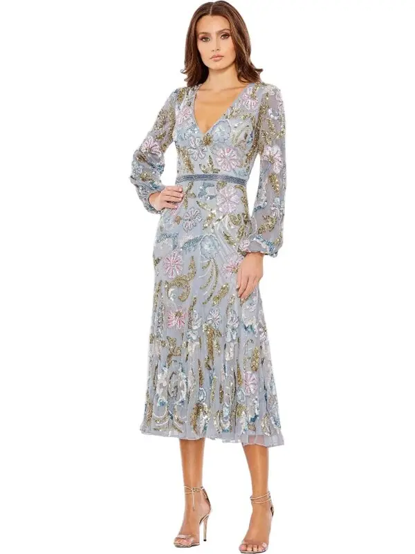 Mac Duggal Embellished Long Cuff Sleeve Midi Dress - Platinum Multi