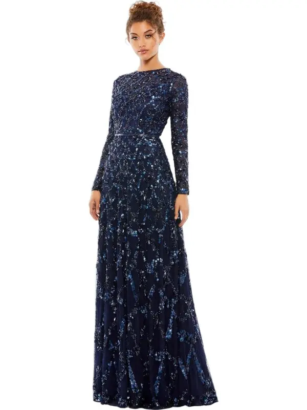 Mac Duggal Embellished Illusion High Neck A-line Gown - Midnight