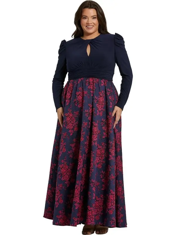 Mac Duggal Floral Bottom Gown With Long Sleeves - Midnight