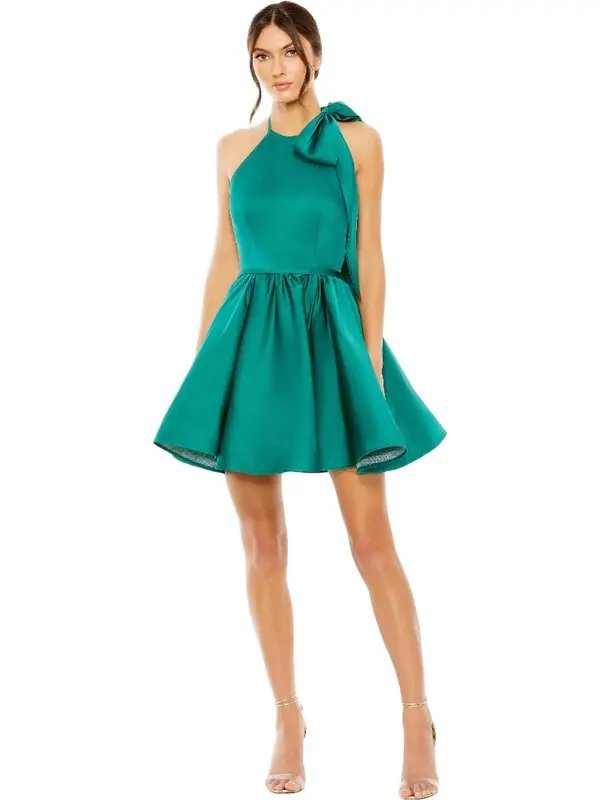 Mac Duggal High Neck Mini Dress With Bow Detail - Emerald