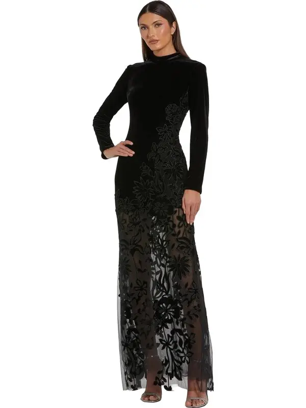 Mac Duggal Floral Embroidered Sheer Bottom Velvet Gown - Black