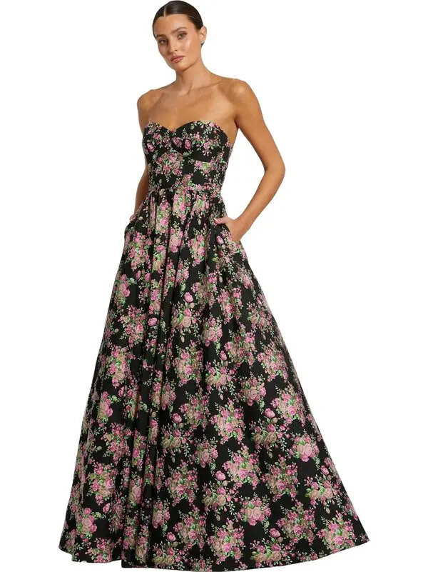 Mac Duggal Strapless Sweetheart Floral Ballgown - Black Multi