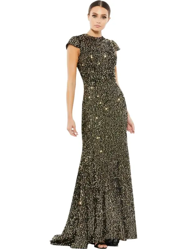 Mac Duggal Sequin Gown With Cap Sleeves - Black Gold