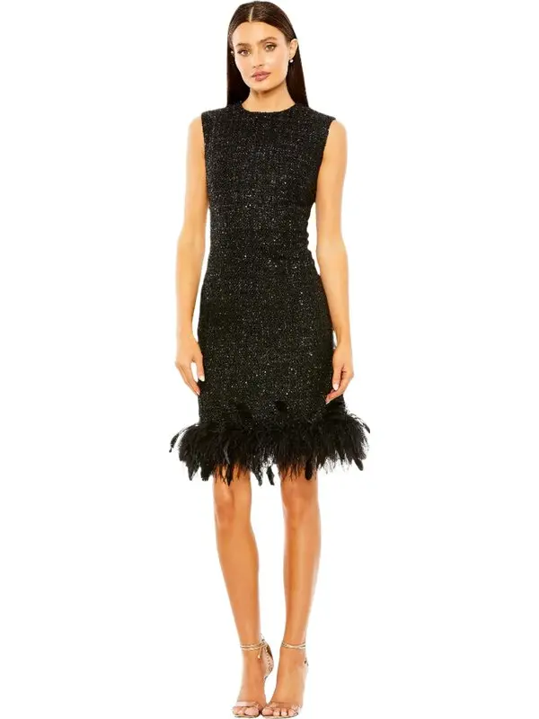Mac Duggal Sleeveless Shift Dress With Feather Trim - Black