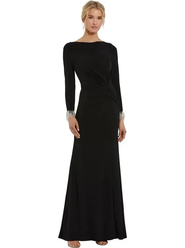 Mac Duggal Long Sleeve Jersey Gown With Beaded Cuff Sleeves - Black