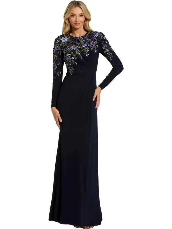 Mac Duggal Embellished Long Sleeve Jersey Gown - Midnight