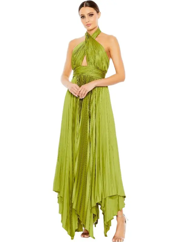 Mac Duggal Pleated Halter Neck Gown - Apple Green