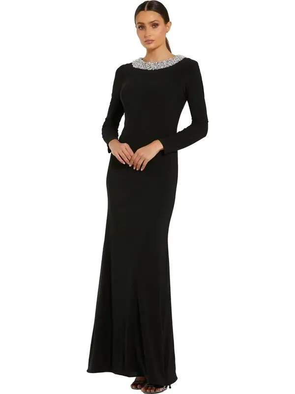 Mac Duggal Jersey Fitted Gown With Beaded Neck - Black