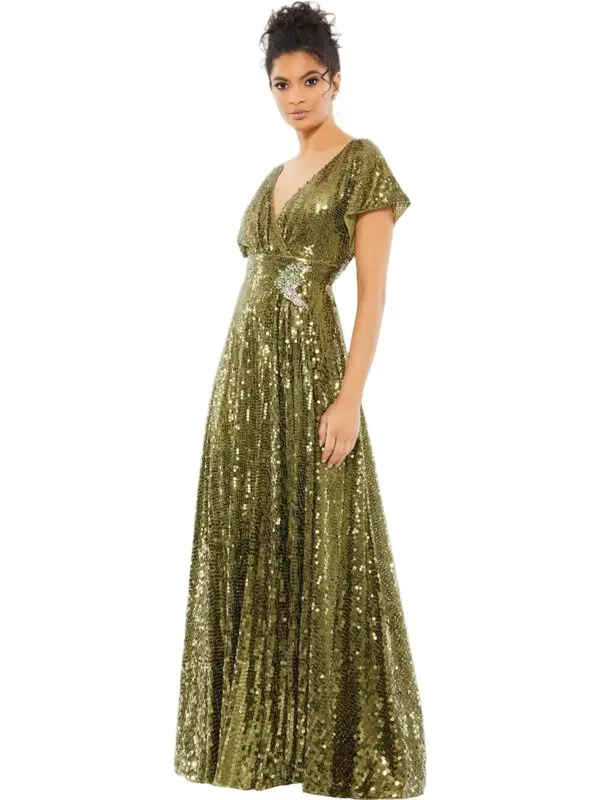 Mac Duggal Sequin Butterfly Sleeve Wrap A-line Gown - Olive