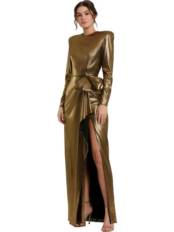 Mac Duggal Metallic Long Sleeve Gown With Bow - Antique Gold